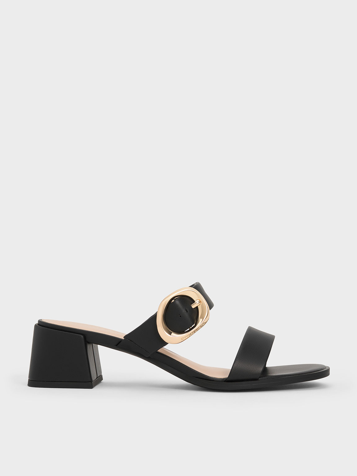 Black Oval-Buckle Heeled Mules - CHARLES & KEITH CZ