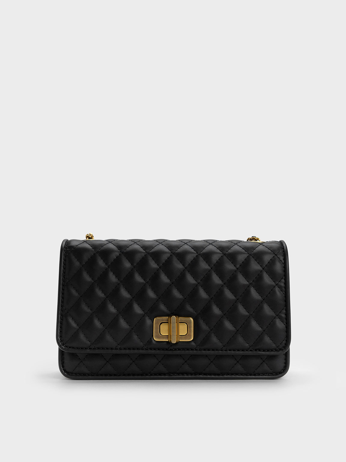Black Metallic Turn-Lock Quilted Clutch - CHARLES & KEITH PL