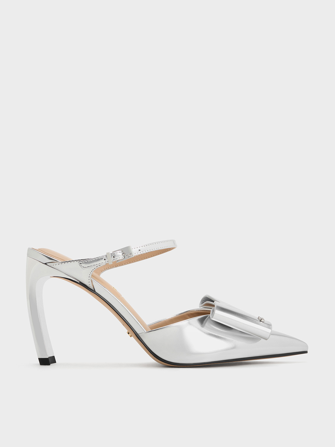 Silver Lu Metallic Leather Bow Blade-Heel Mules - CHARLES & KEITH DE