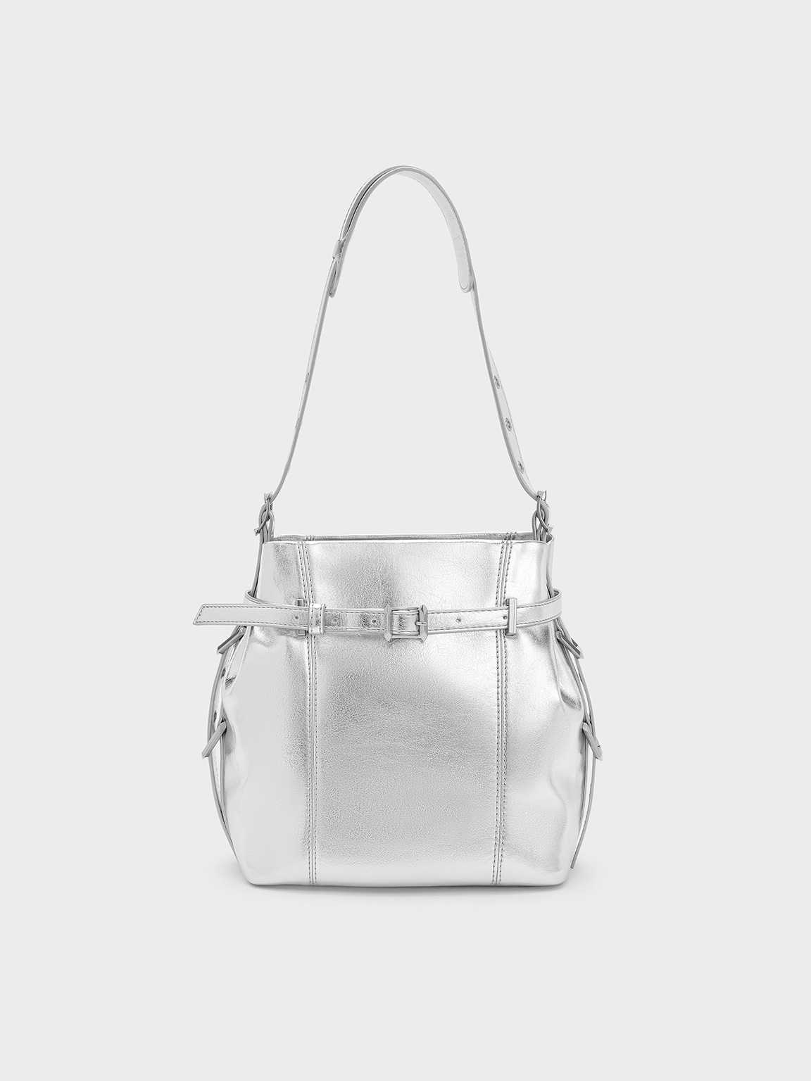 Silver Bryna Metallic Belted Bucket Bag - CHARLES & KEITH NL
