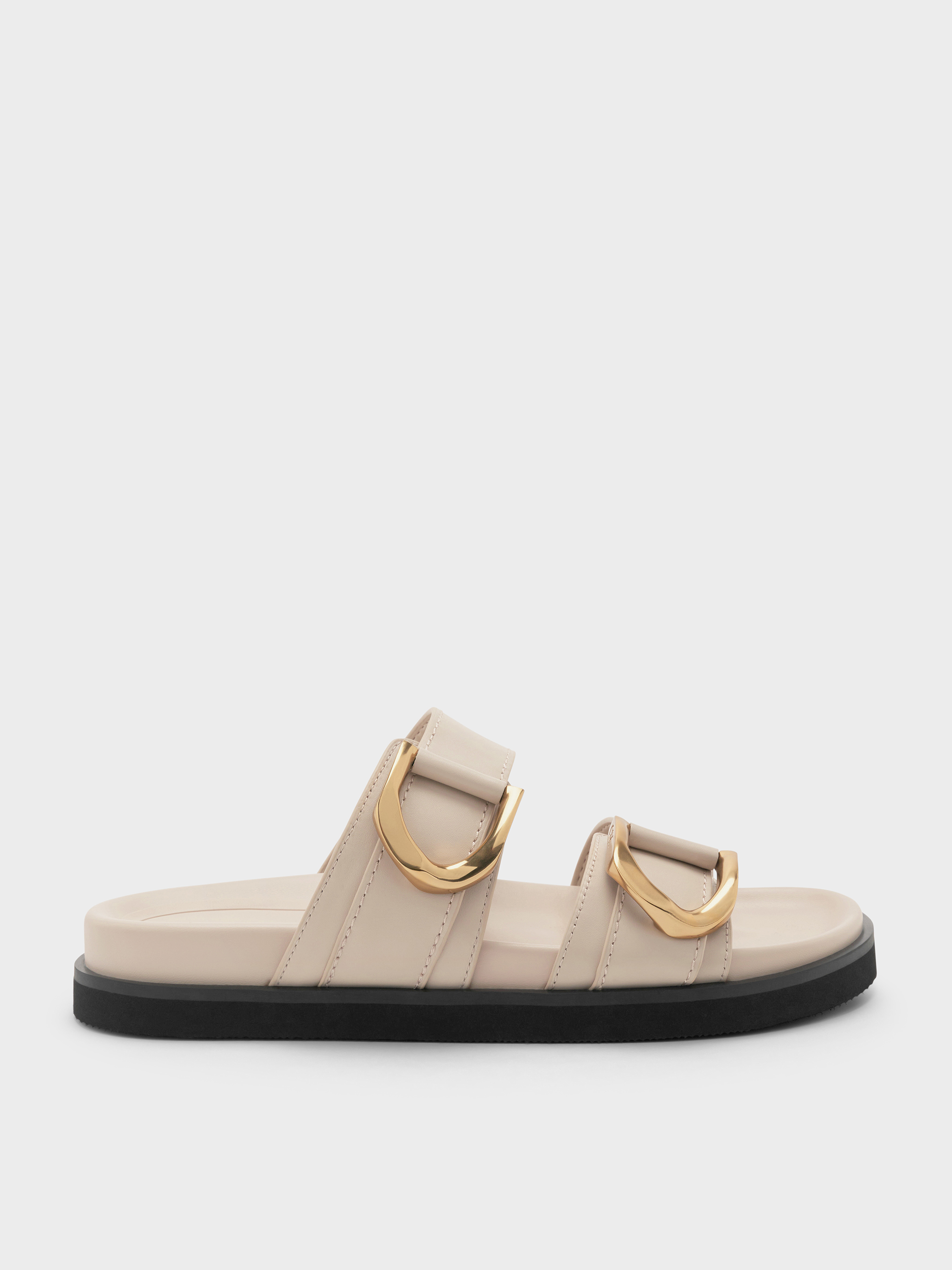 Gabine Buckled Leather Slides - Hafer - CHARLES & KEITH DE