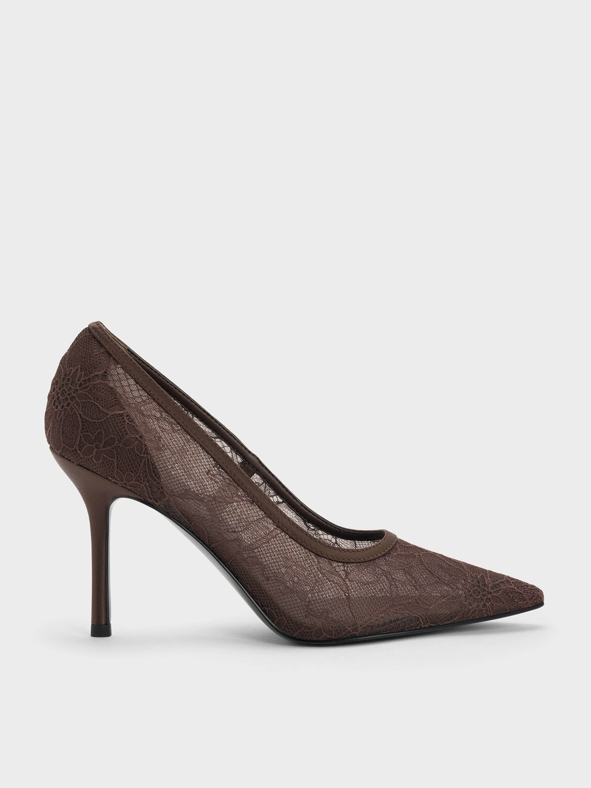 Dark Brown Textured Lace & Satin Stiletto Pumps - Dark Brown Textured ...