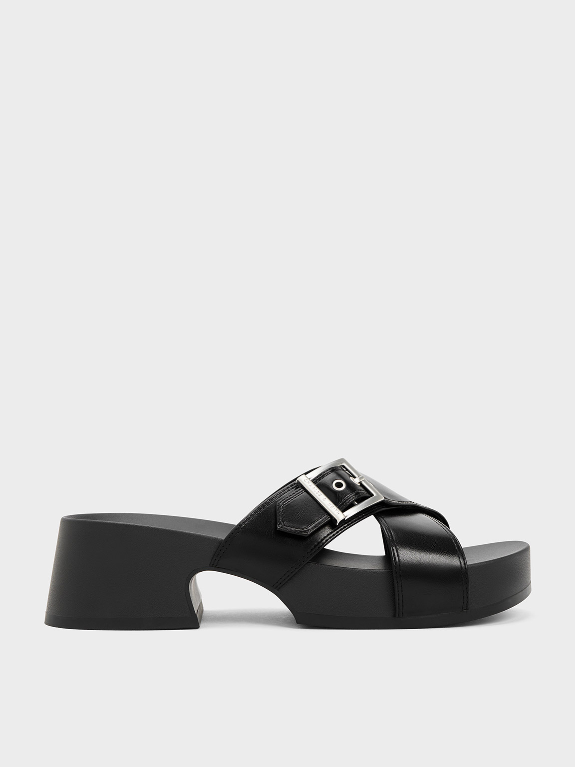 Black Buckled Crossover Platform Sandals - CHARLES & KEITH CZ