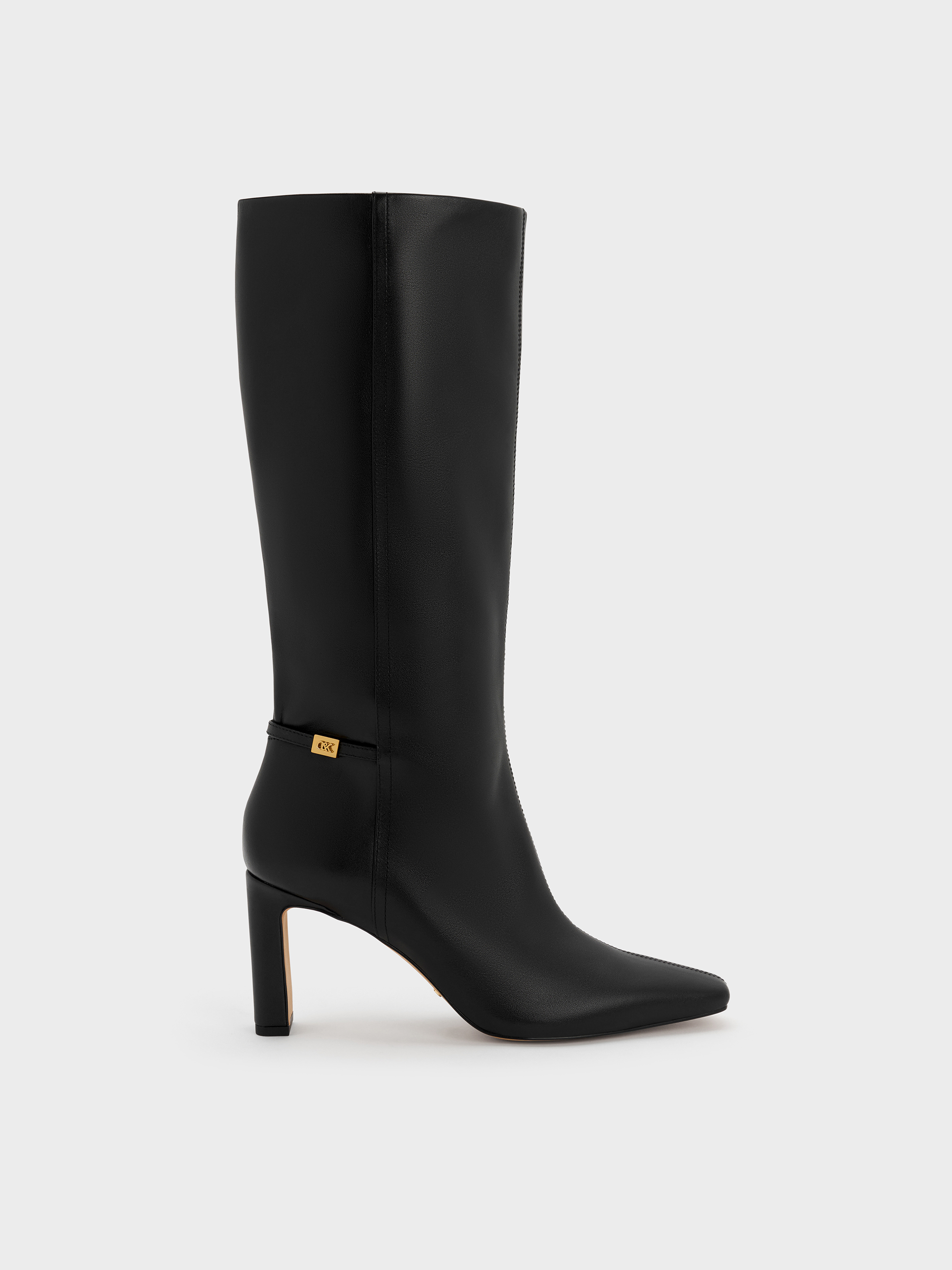 Black Georgina Leather Tapered Square-Toe Blade-Heel Knee-High Boots ...